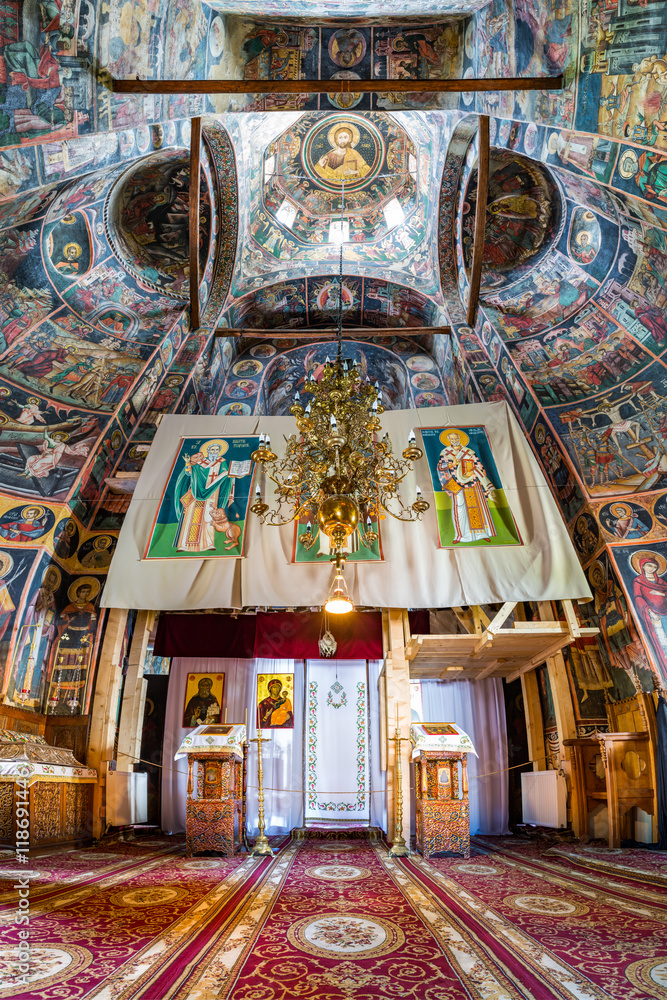 Interior of the church inside Tismana nun monastery. Tismana monastery ...