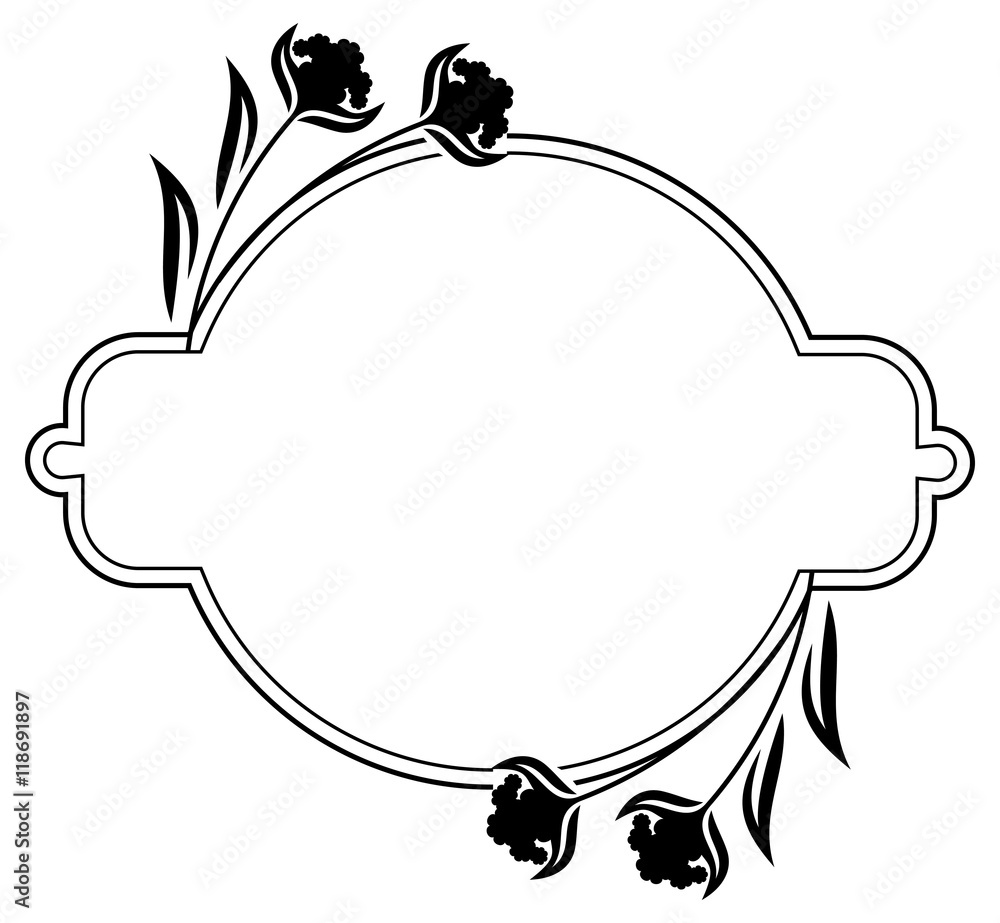 Round label with black and white decorative flowers silhouettes. Copy ...