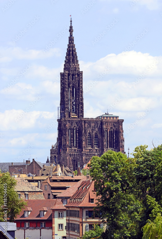 Old town and Cathedral of Our Lady (Notre Dame) of Strasbourg in Alsace ...