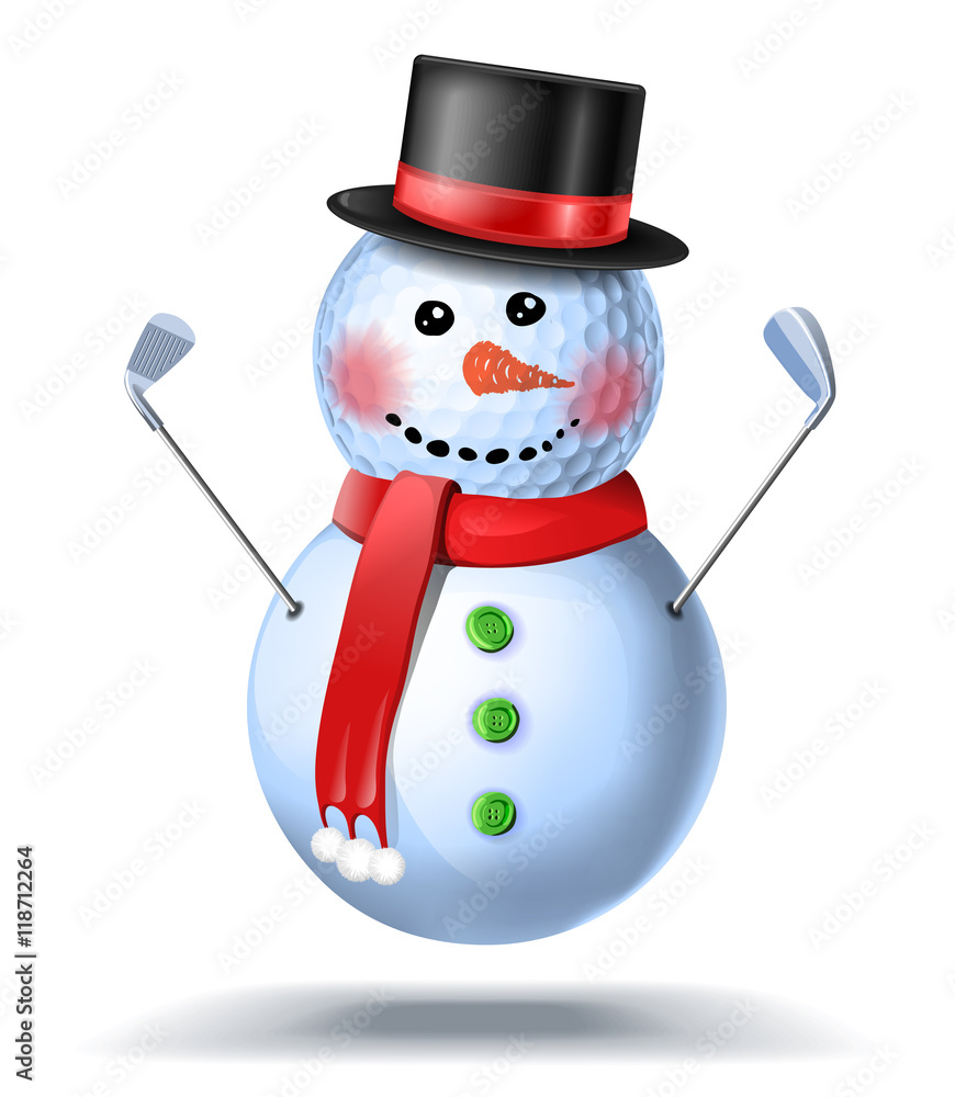 Snowman golfer with irons in black hat on golf ball. Vector isolated ...