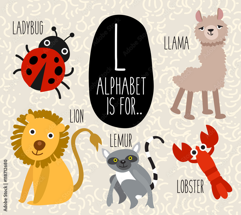 Cute Animal Alphabet Set : Letter L : Vector Illustration Stock Vector ...