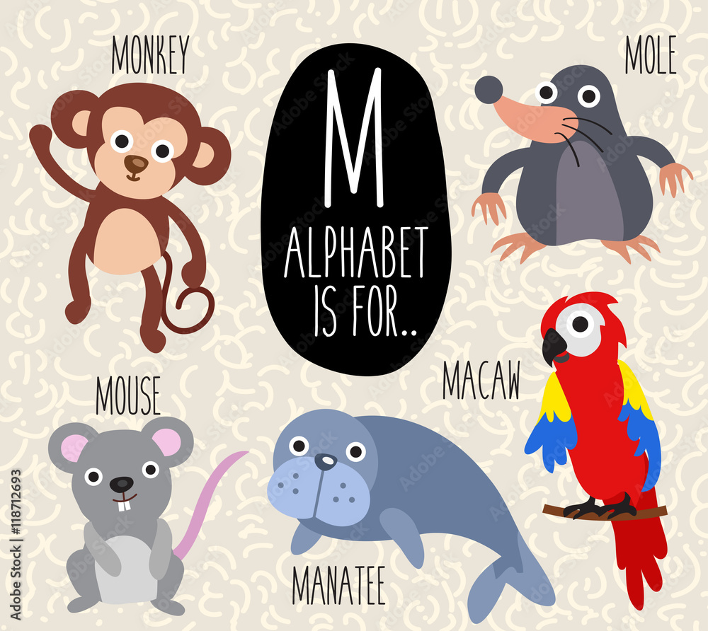 Cute Animal Alphabet Set : Letter M : Vector Illustration Stock Vector ...