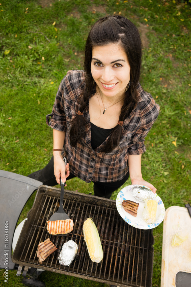 Pretty Woman Smiling Cooking Steaks Barbecue Backyard Food Stock Photo ...