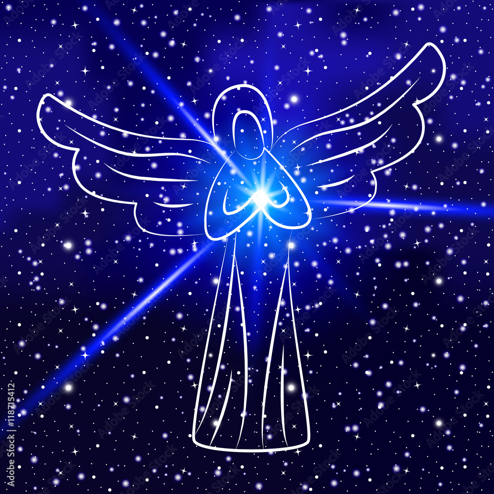 Angel on blue space background. Angel with shining sun, star in hands ...