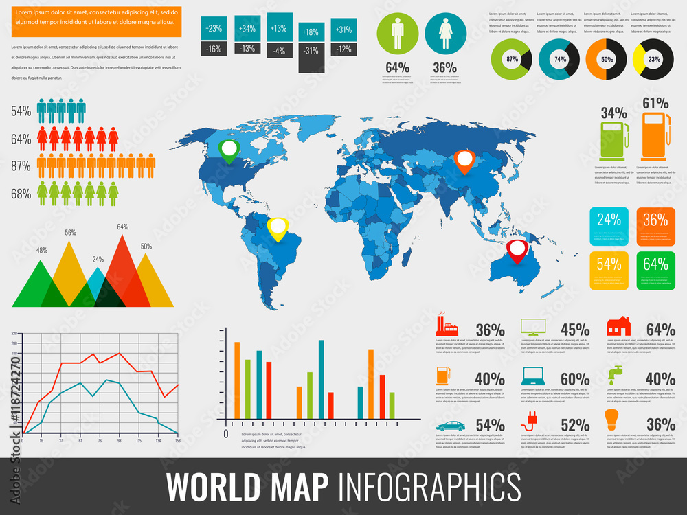 Infographic Elements with world map and charts. Vector Stock Vector ...