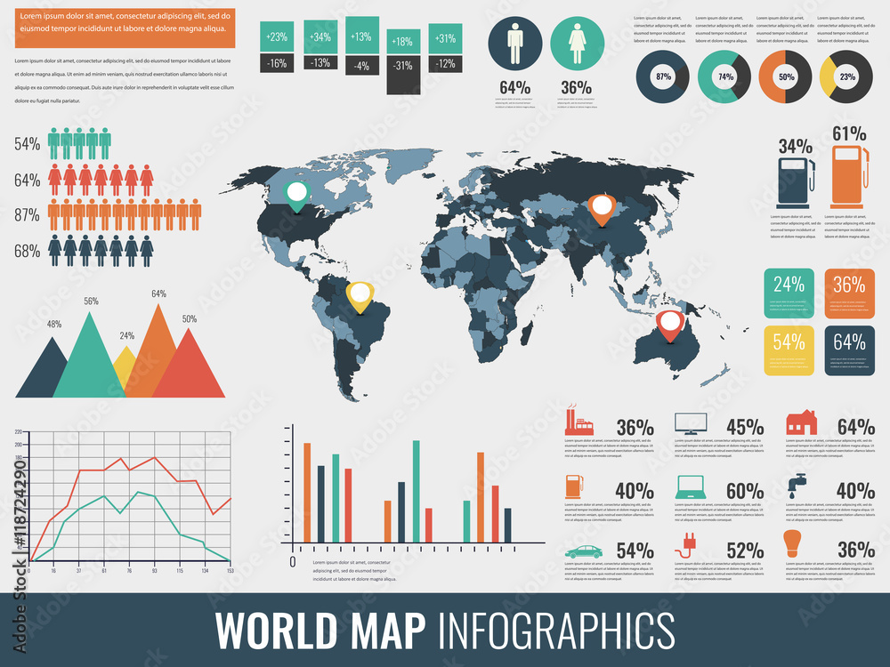 Infographic Elements with world map and charts. Vector Stock Vector ...