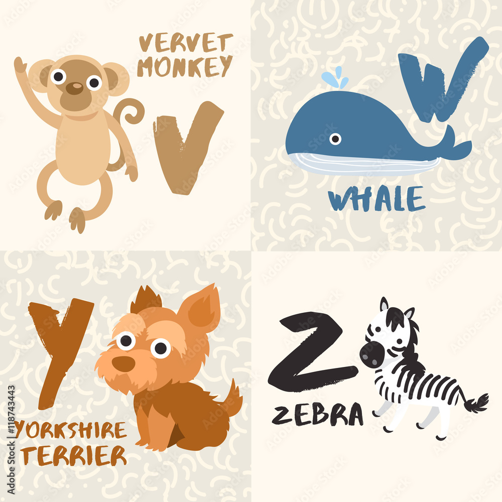 Cute Animal Alphabet Set : Letter V,W,Y,Z : Vector Illustration Stock ...