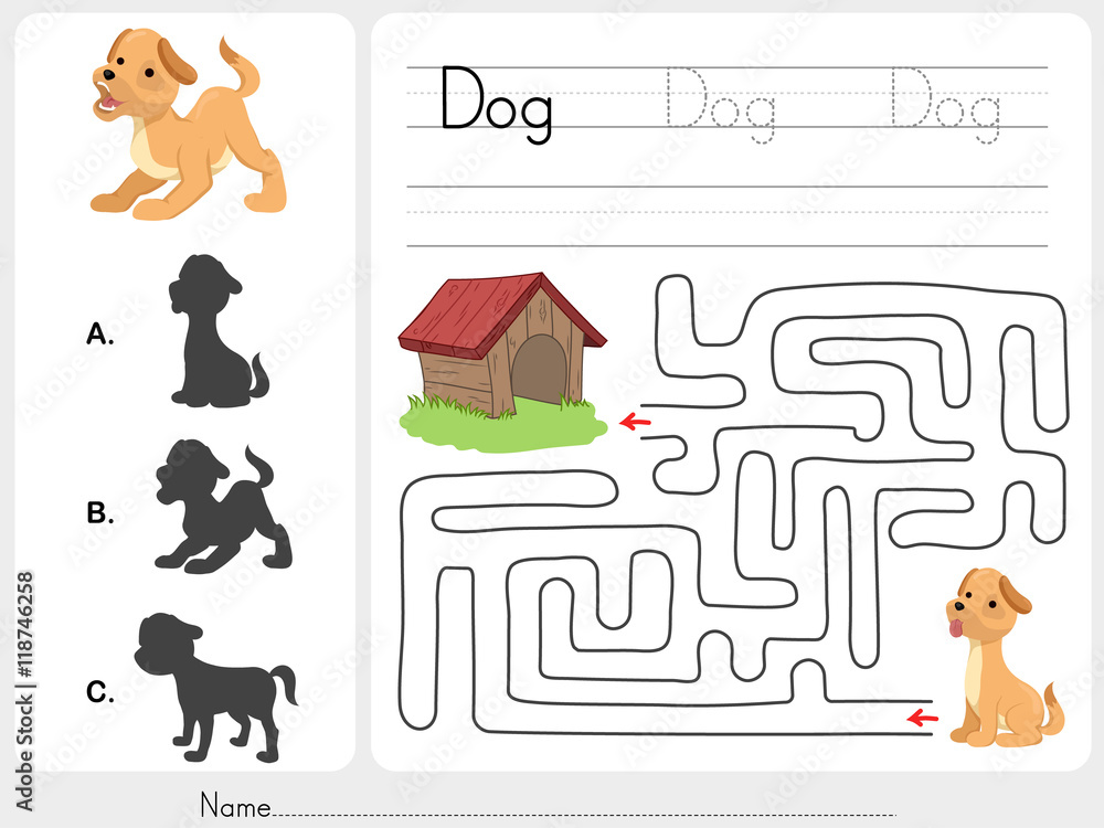 Maze game and Match dog with shadow - Worksheet for education Stock ...