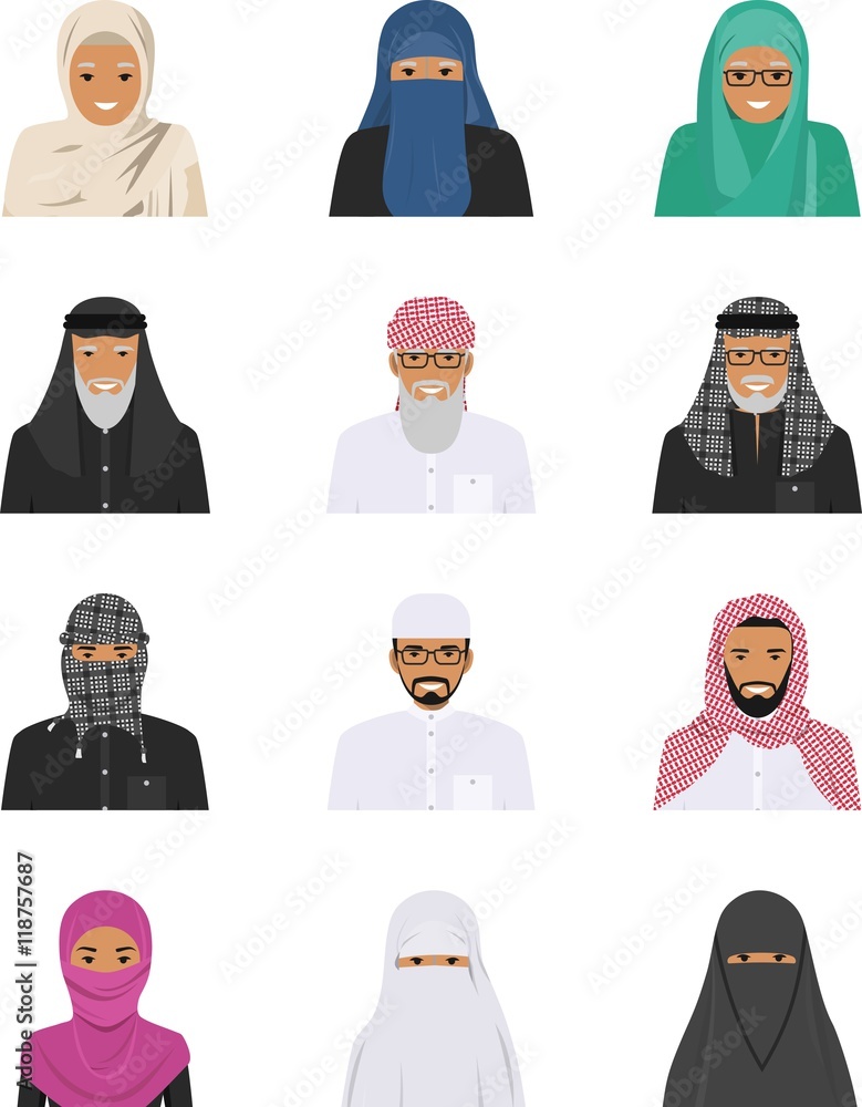 Different muslim arab people characters avatars icons set in flat style ...