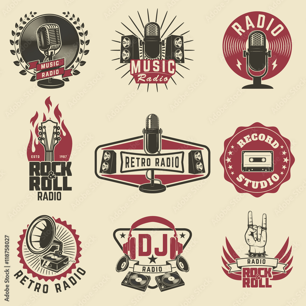 Radio labels. Retro radio, record studio, rock and roll radio em Stock ...
