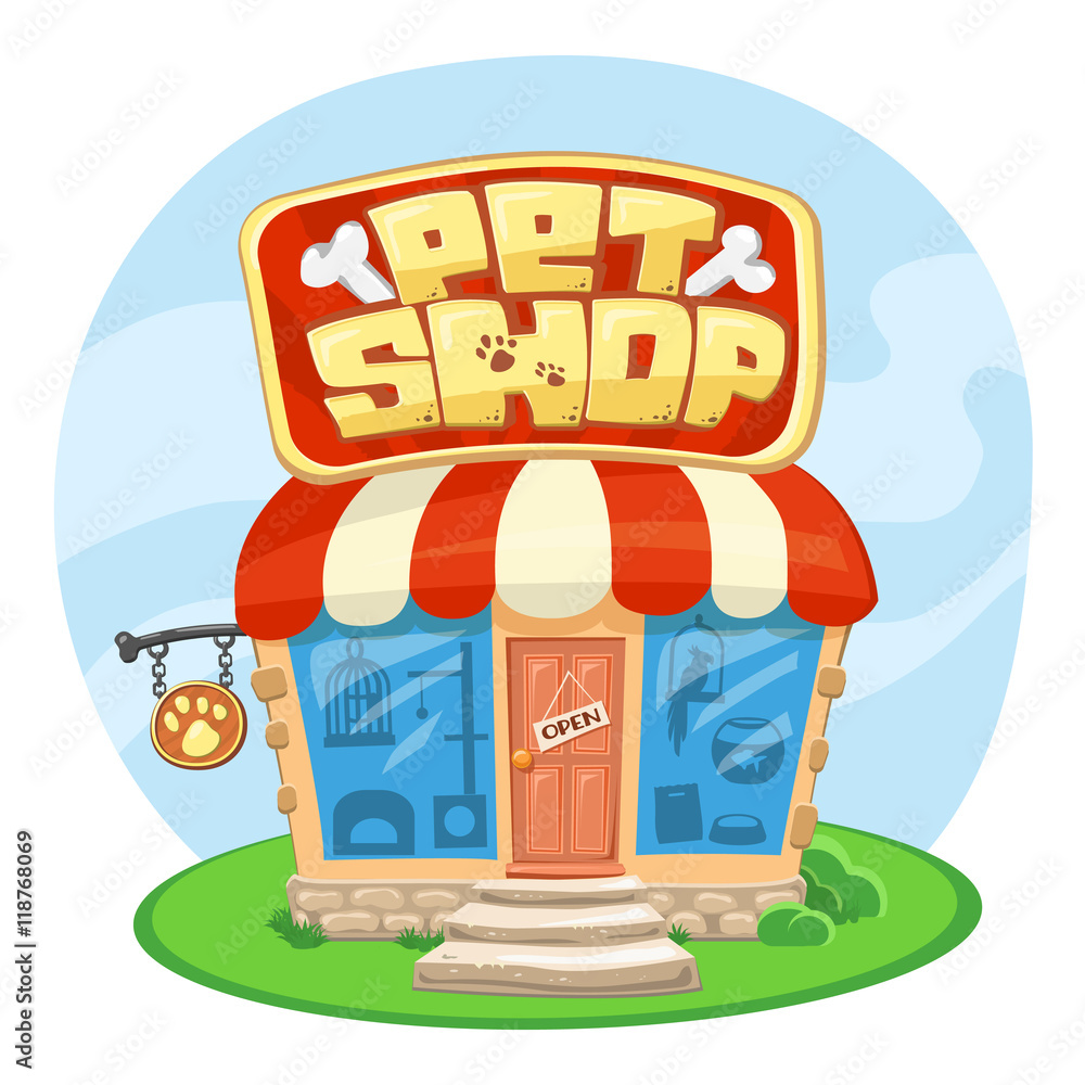 Pet shop building. Cartoon vector illustration. Concept of Street ...