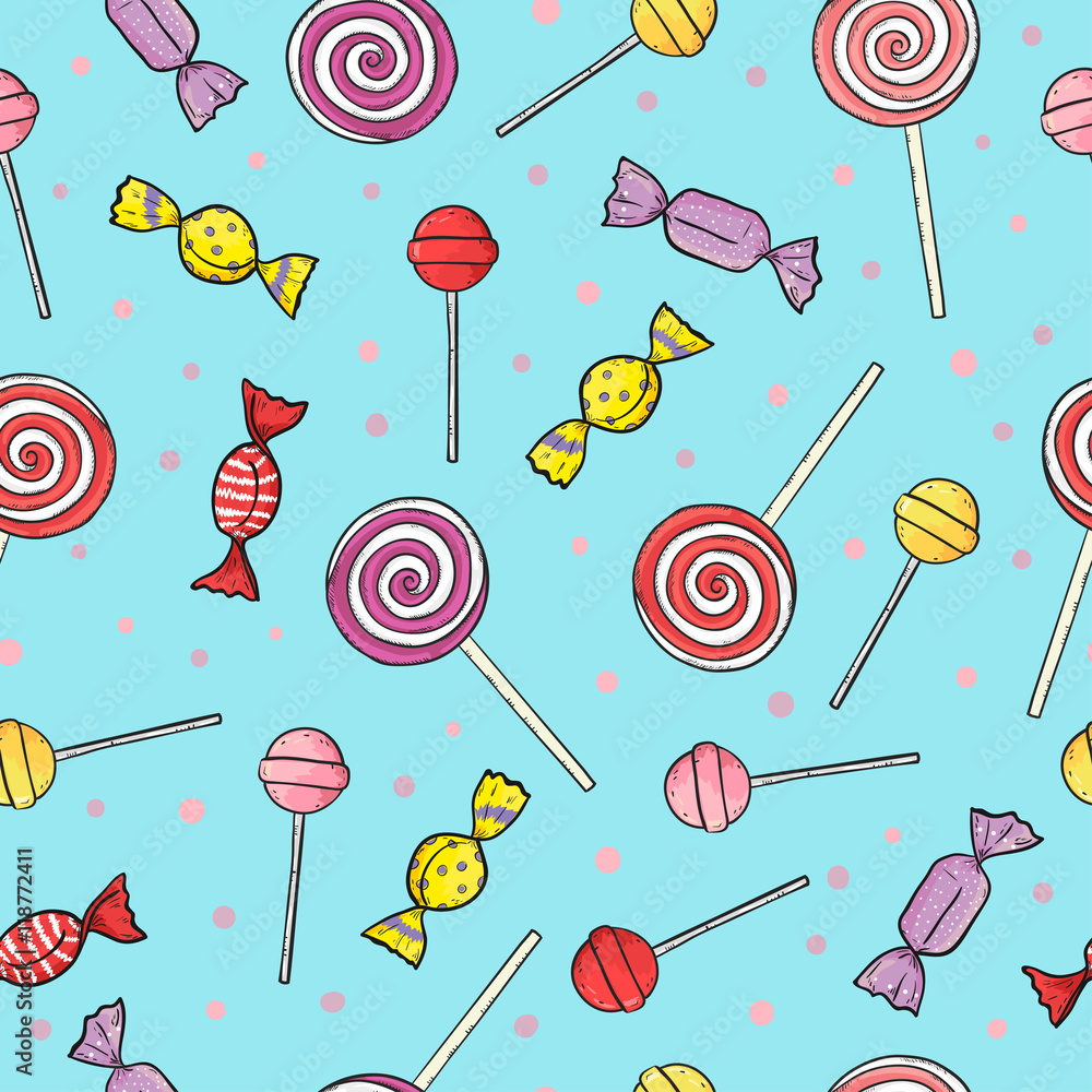 Colorful lollipop and candy seamless pattern. Vector sweets background ...