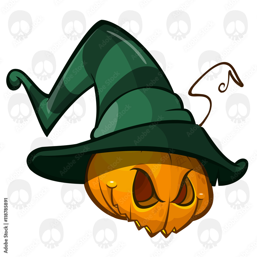 Jack-O-Lantern. Halloween pumpkin head in witch hat. Vector character ...
