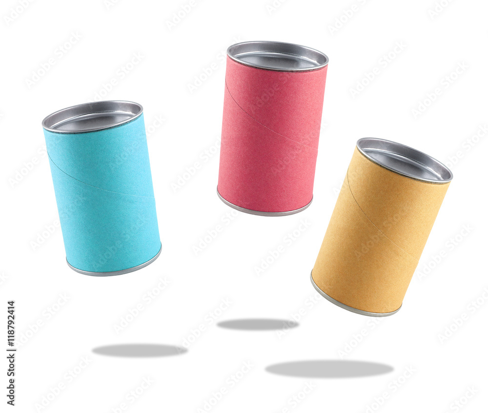 levitating colourful recycled cardboard cans with aluminum lid isolated ...
