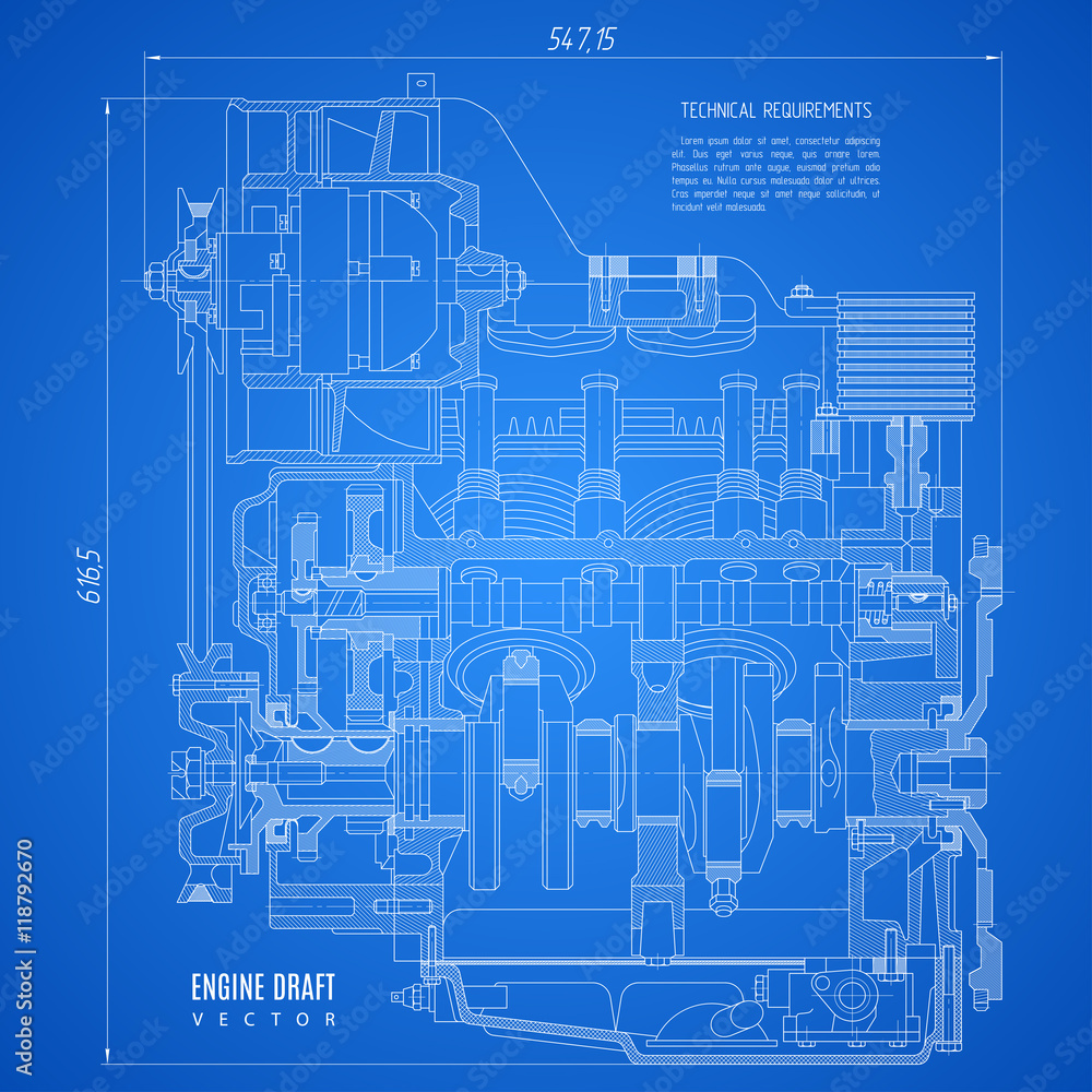 blueprint engine, project technical drawing on the blue background ...