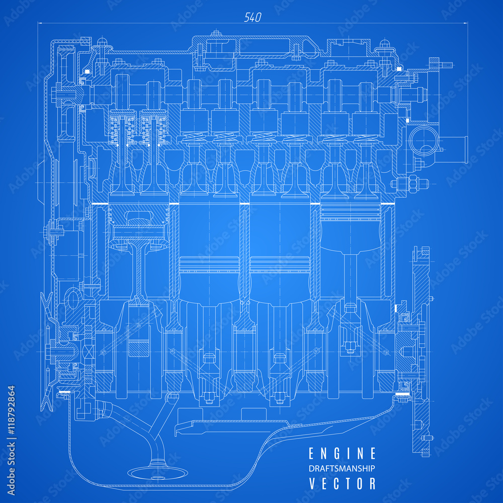 blueprint engine, project technical drawing on the blue background ...