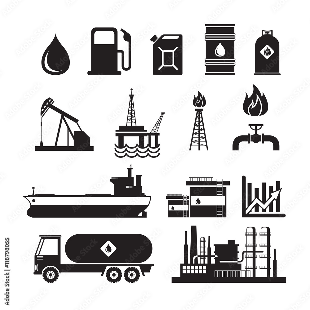 Oil Industry Object Silhouette Set, Gas, Petroleum, Fuel, Refinery ...