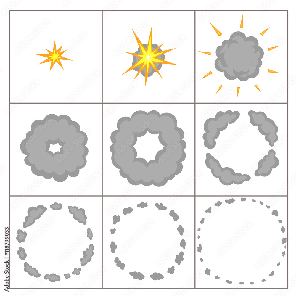 Explode effect animation with smoke. Cartoon bang explosion frames for ...