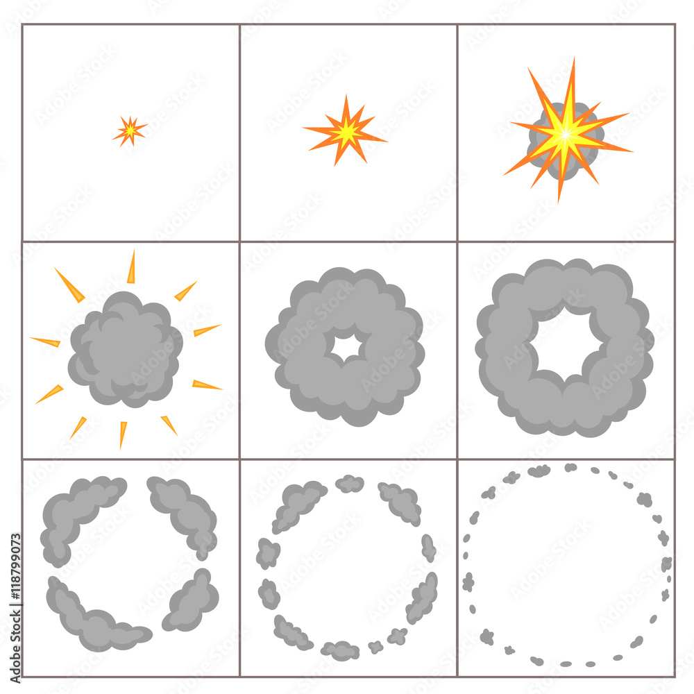 Explode effect animation with smoke. Cartoon bang explosion frames for ...
