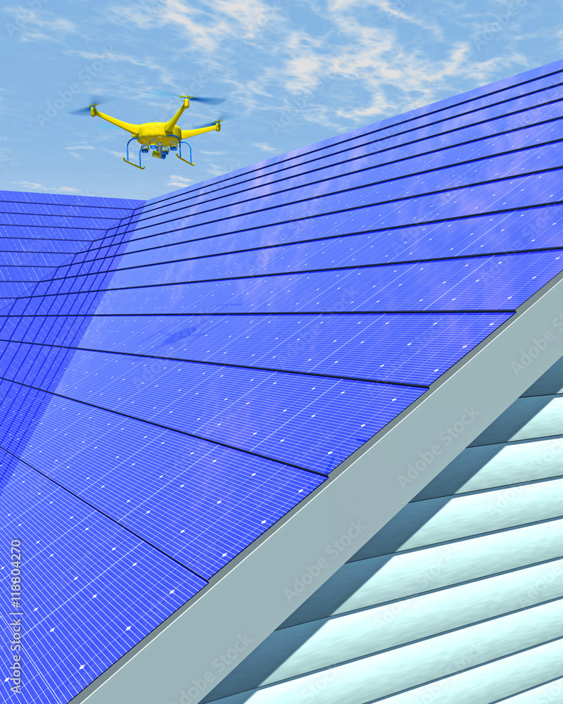 3D render of UAV drone inspecting an integrated solar shingle roof ...