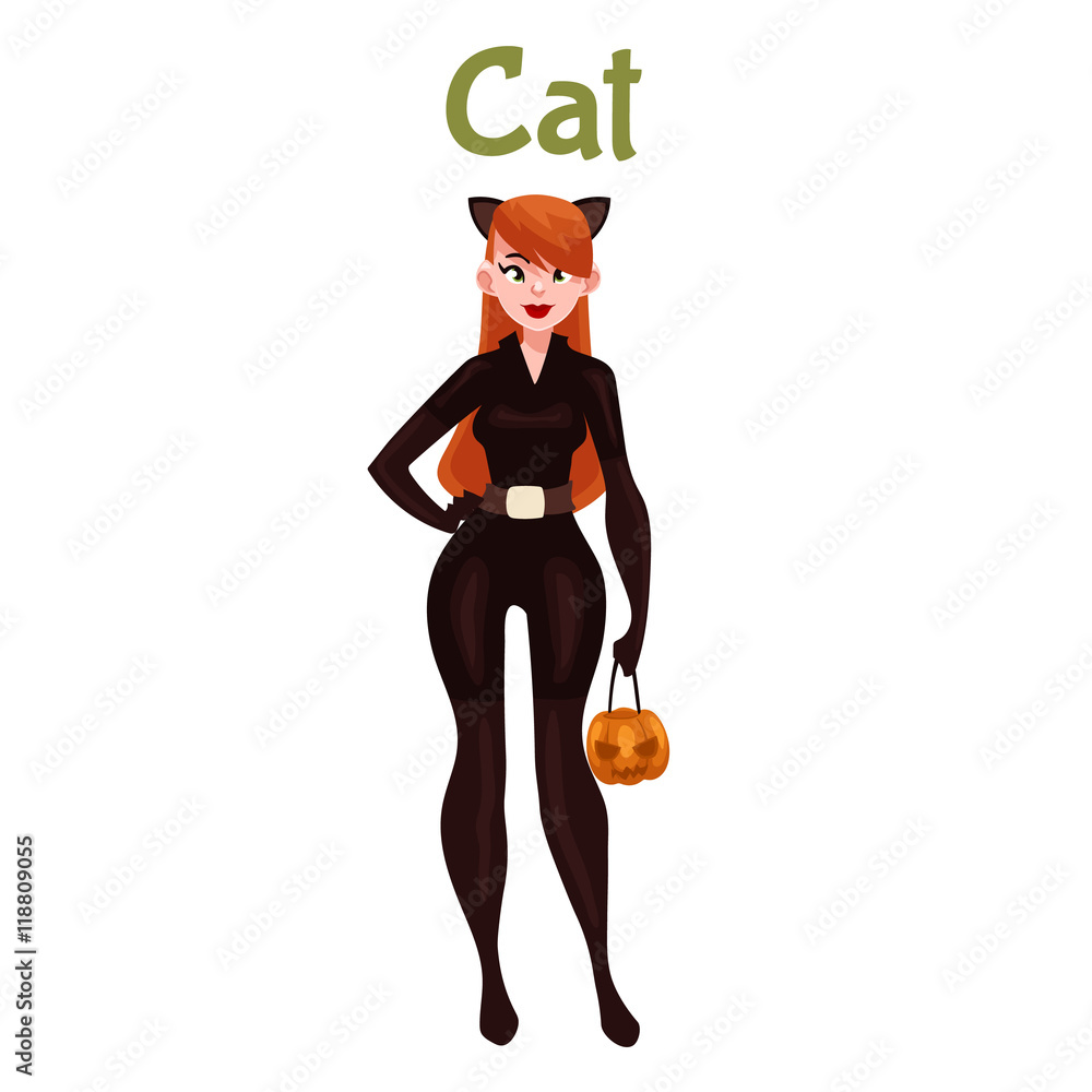 Young beautiful woman dressed in cat costume for Halloween, cartoon ...