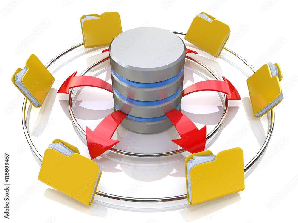 Database symbol connected to computer folder icons (3d render) Stock ...