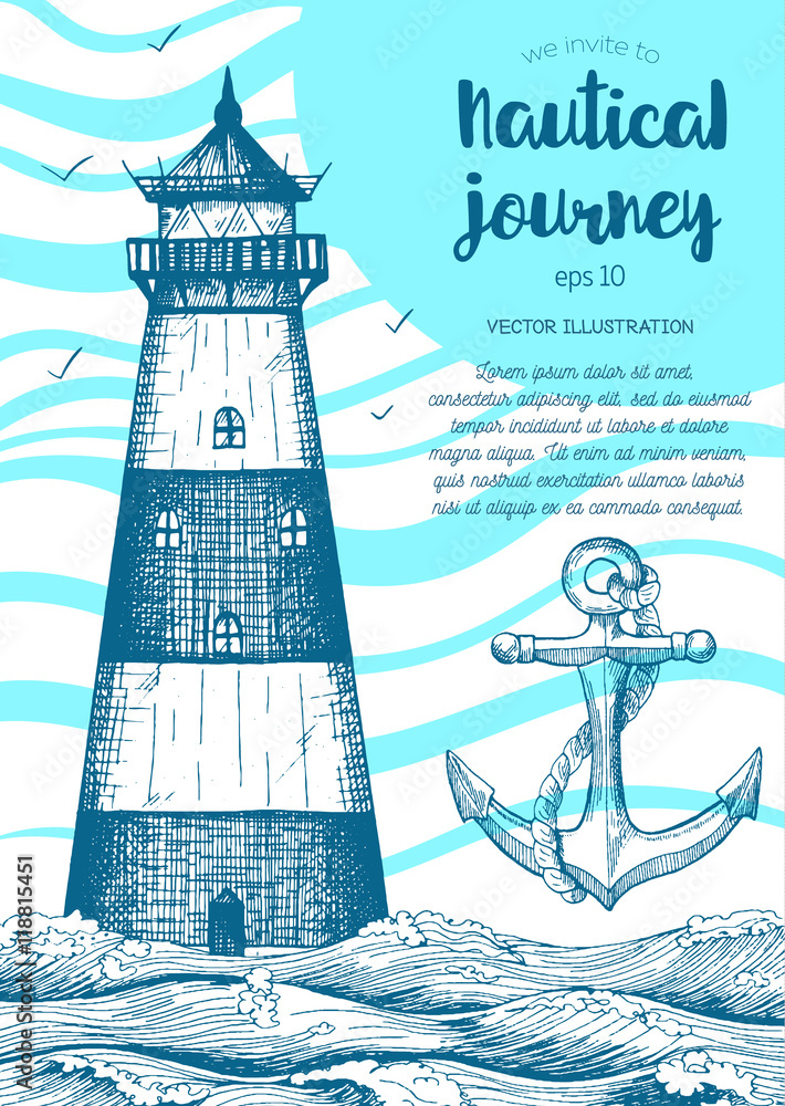 Nautical vector illustration drawn in ink. Lighthouse in the ocean. Sea ...