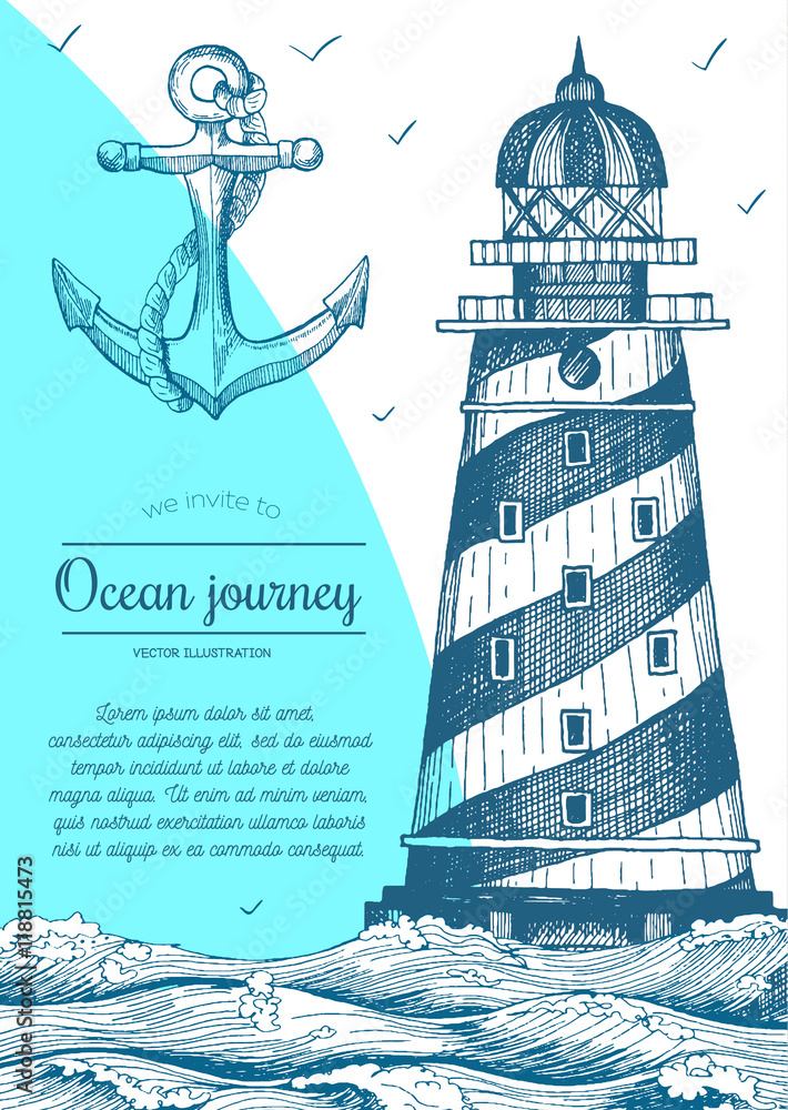 Nautical vector illustration drawn in ink. Lighthouse in the ocean. Sea ...