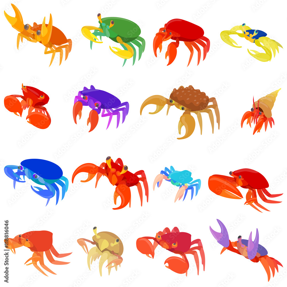 Crab icons set in cartoon style. Seafood set collection vector ...
