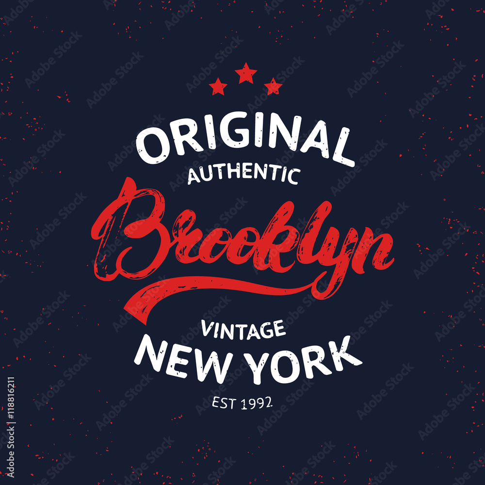 Vintage Brooklyn label. Quality tee print. Brooklyn hand written lettering calligraphy. Vector ...