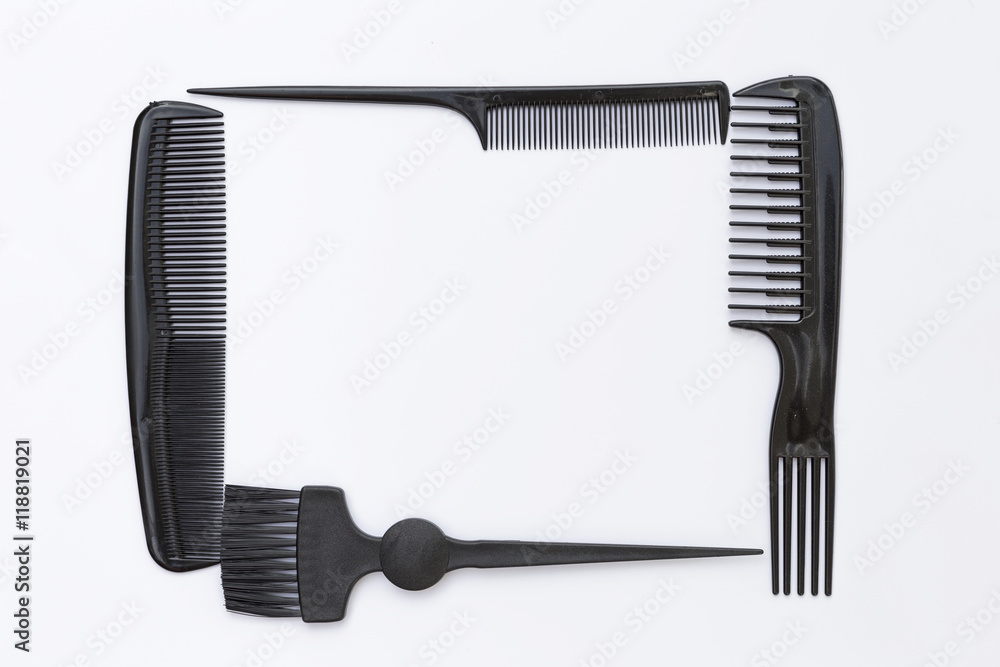 Black plastic hair stylish comb frame on white background Stock Photo ...