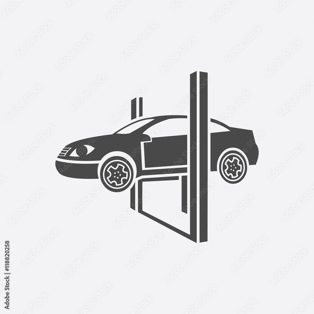 Repairing a car lifted on auto hoist icon black. Single car repair icon ...