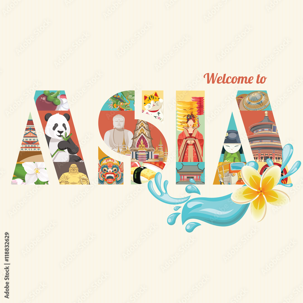 Asia detailed poster. Travel composition with famous asian landmarks ...