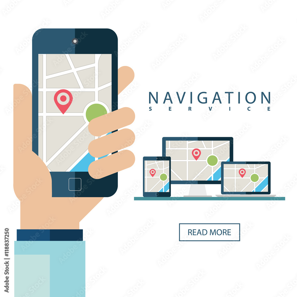 GPS services concept. Desktop computer, laptop, tablet and hand holding ...