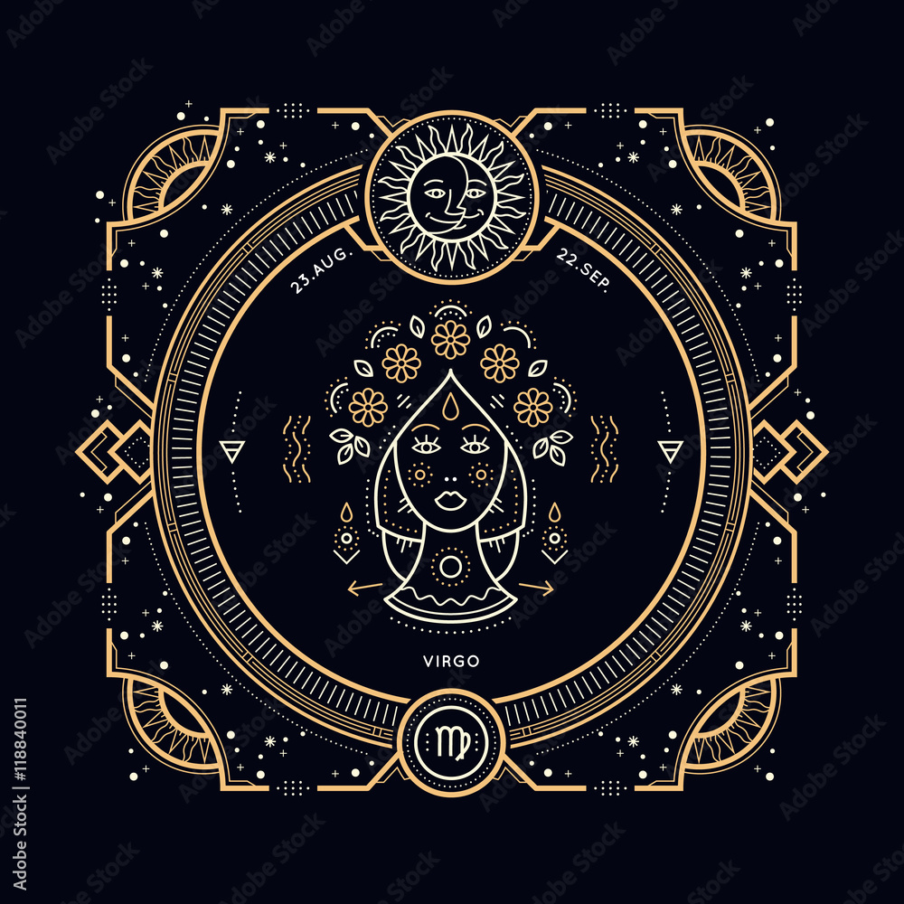 Vintage thin line Virgo zodiac sign label. Retro vector astrological ...