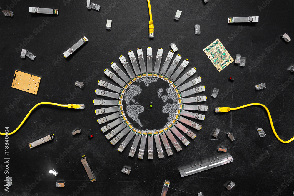 Electrical Internet SFP network modules as the shape of Earth, network ...