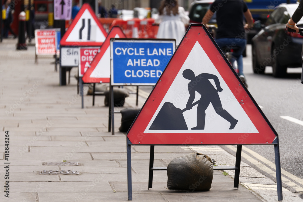 Cycle Lane Closed to Cyclists due to road works showing safety signs ...