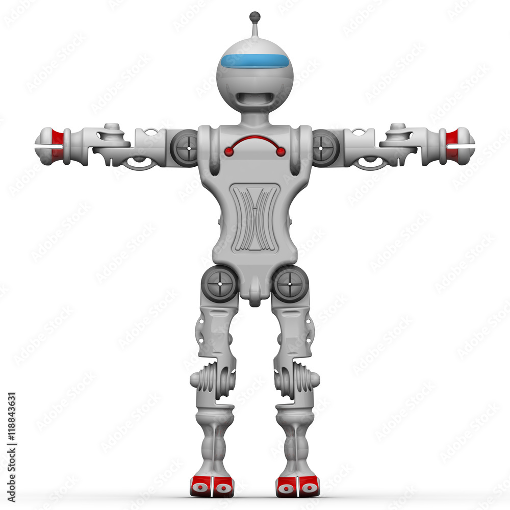 Humanoid robot standing on a white surface with arms raised Stock ...