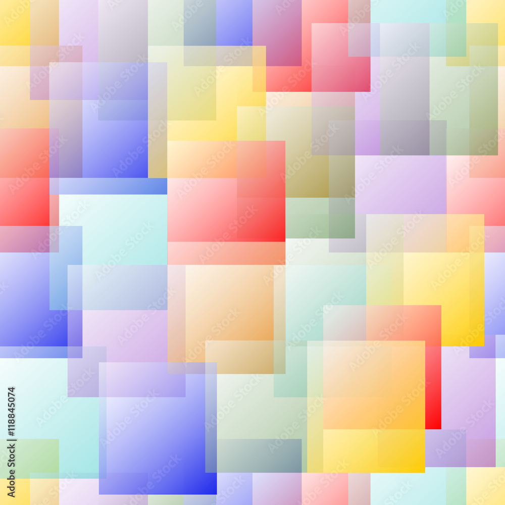 Transparent overlapping square design in pastel rainbow colors on white ...