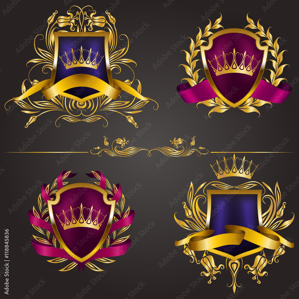 Set of golden royal shields for graphic design on background. Old frame ...