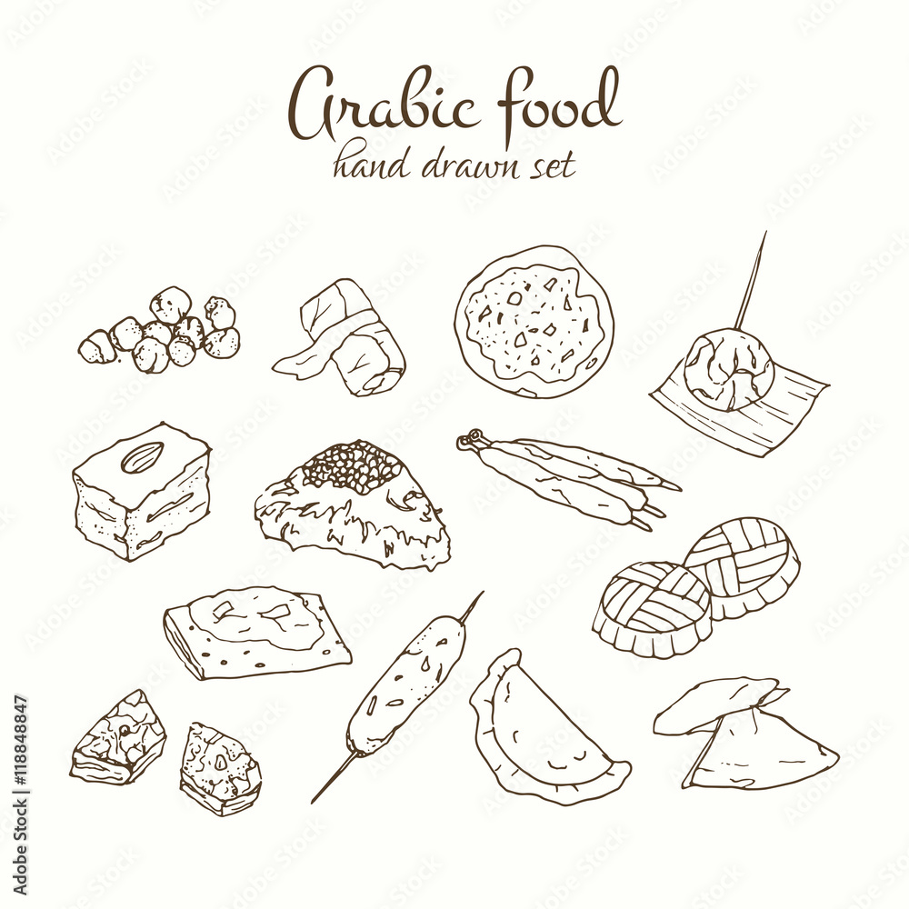 Arabic food vector set. Arabian cuisine illustration. Stock Vector ...