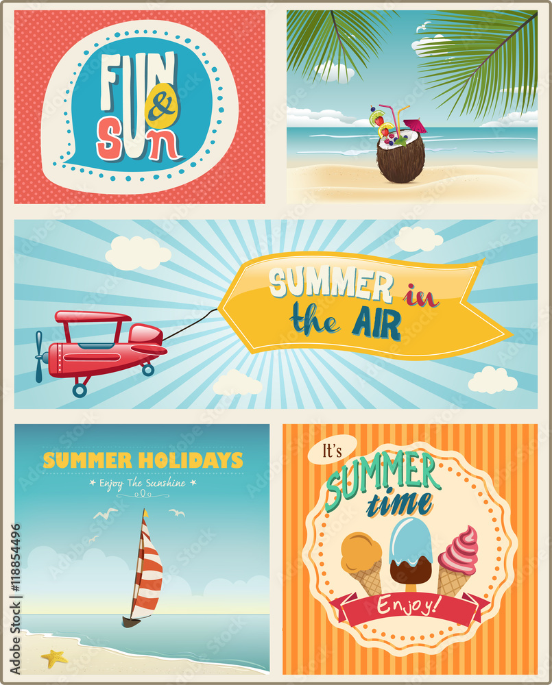 Summer logo and labels design with flat modern icons. Set of summer ...