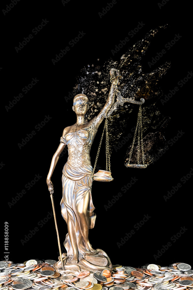 Lady Justice holding imbalanced scale becoming dust isolated on black ...