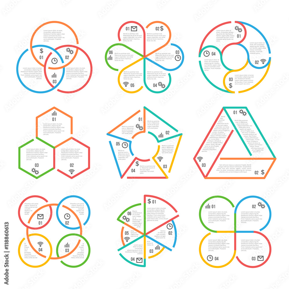 Color thick line circle, triangular, hexagonal, pentagonal infographics ...