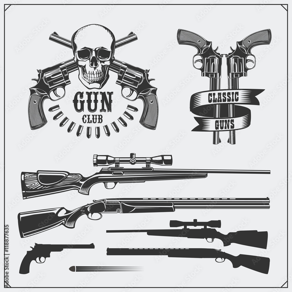 Collection of Guns. Revolvers, shotguns and rifles. Gun club labels and ...