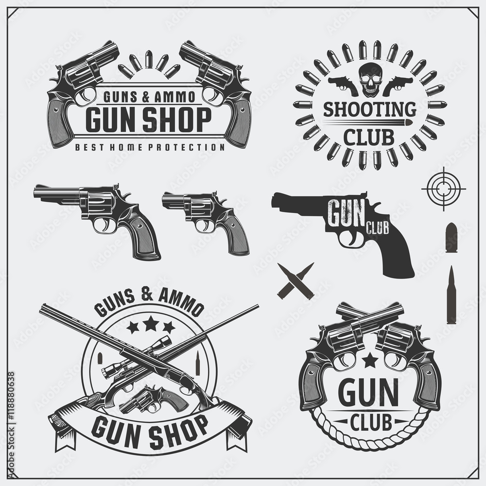 Collection of Gun club emblems, labels and design elements. Revolvers ...