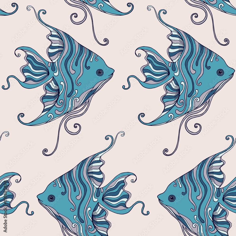 Seamless vector pink fish pattern with hand drawn ornate doodle fish ...