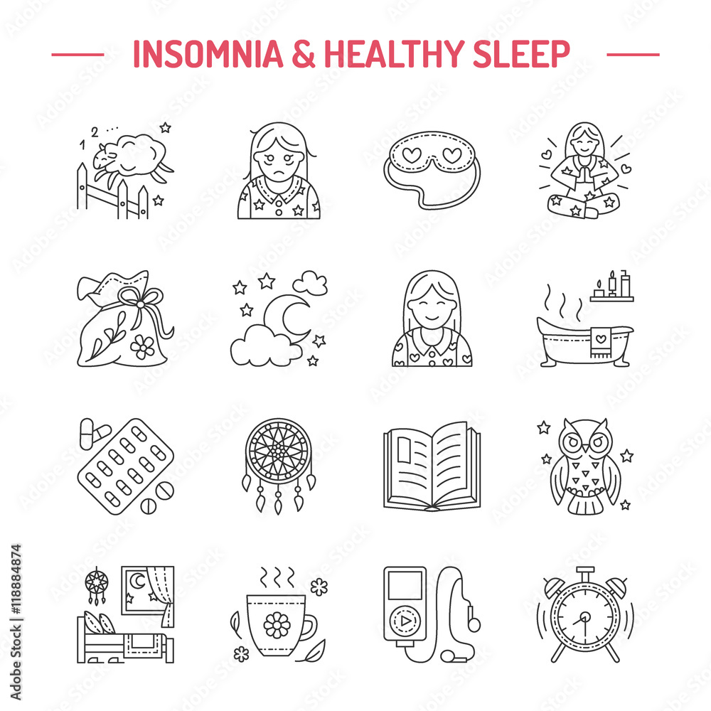 Modern vector line icon of insomnia problem and healthy sleep. Elements ...