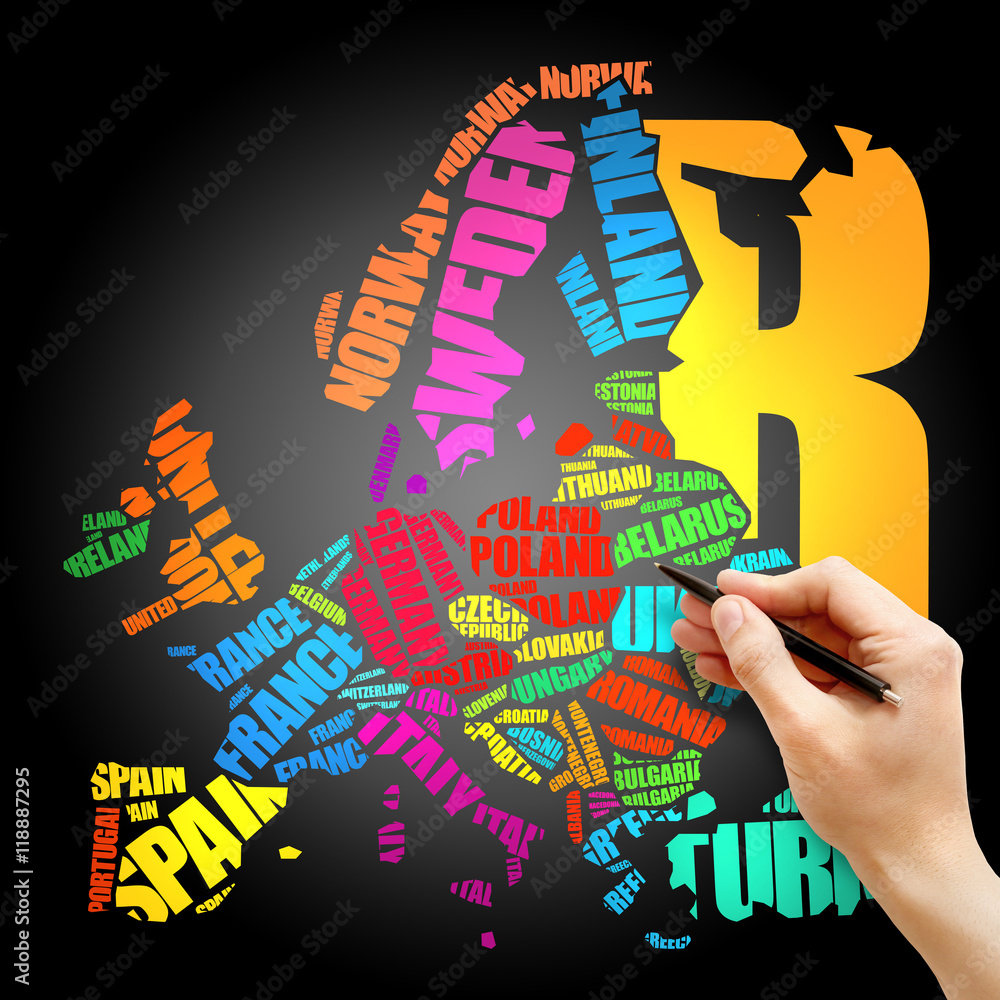 Europe Map in Typography word cloud concept Stock Photo | Adobe Stock