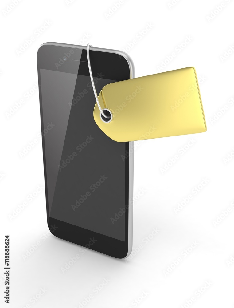 Smart phone with golden price tag on white background. Identification ...